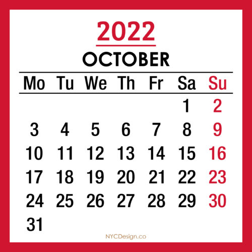 2022 Monthly Calendar, Printable Free – Monday Start, Red – NYCDesign ...