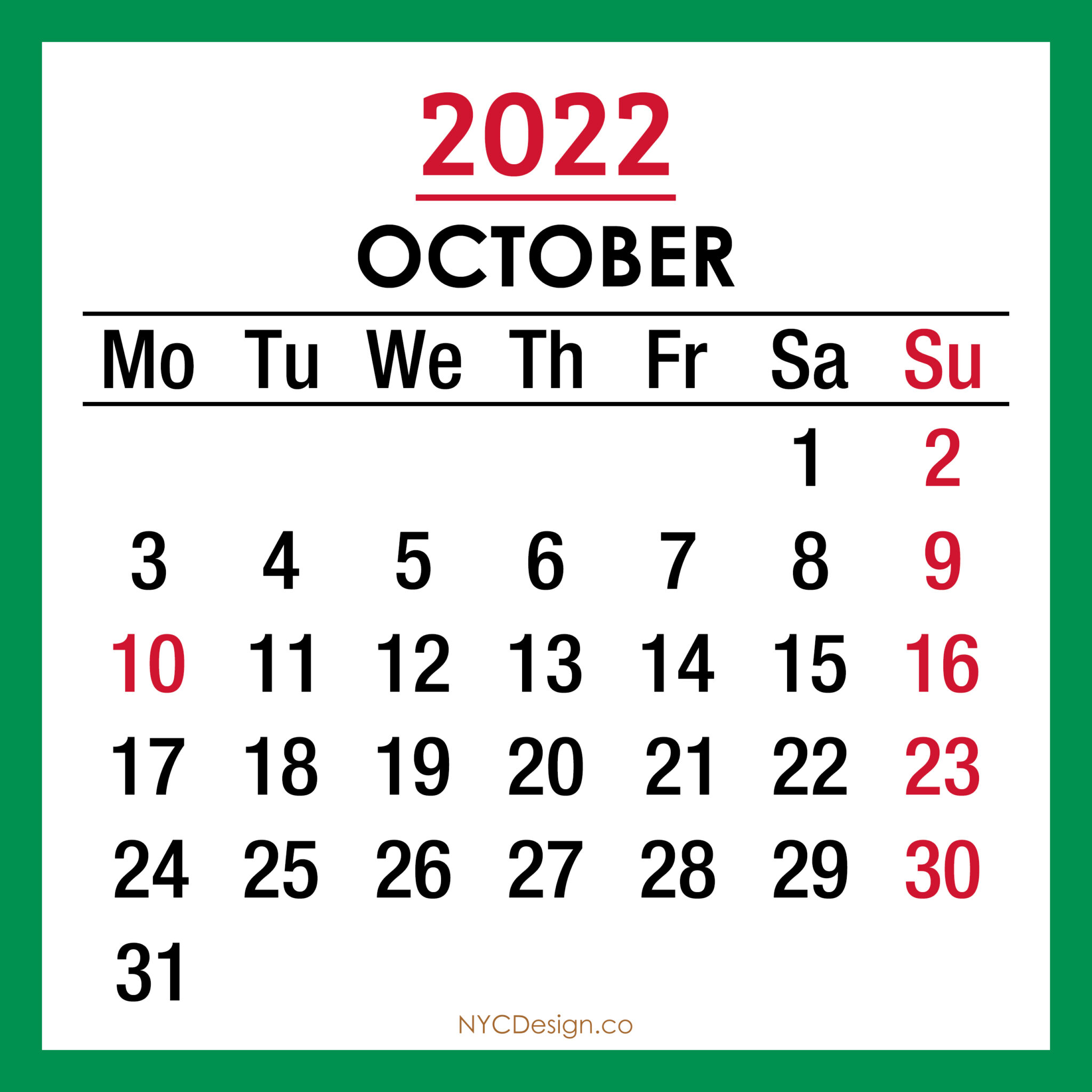 2022 Monthly Calendar with USA Holidays, Printable Free – Monday Start ...