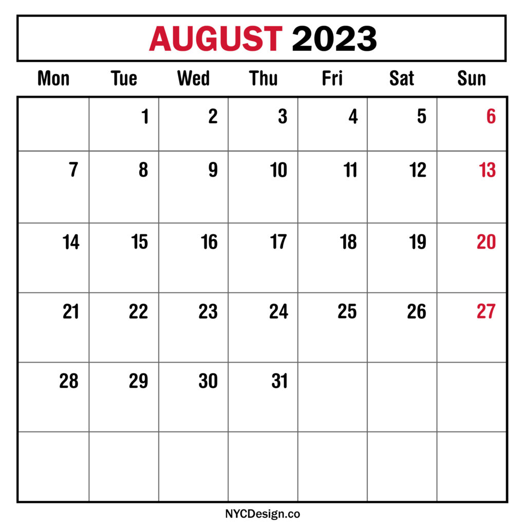 August 2023 Monthly Calendar, Planner, Printable Free – Monday Start ...