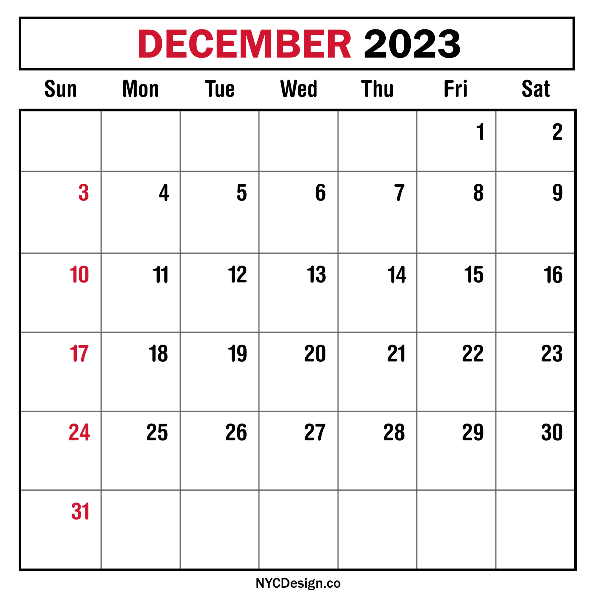 December 2023 Monthly Calendar, Planner, Printable Free – Sunday Start ...