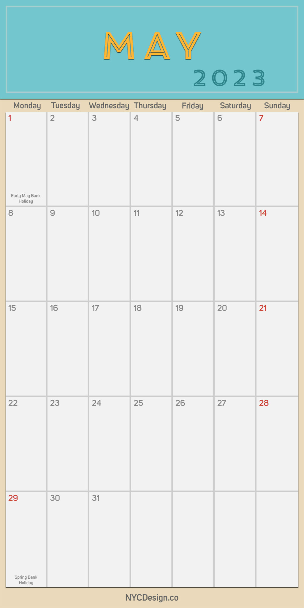 2023 May – Monthly Calendar with UK Holidays, Planner, Printable Free ...