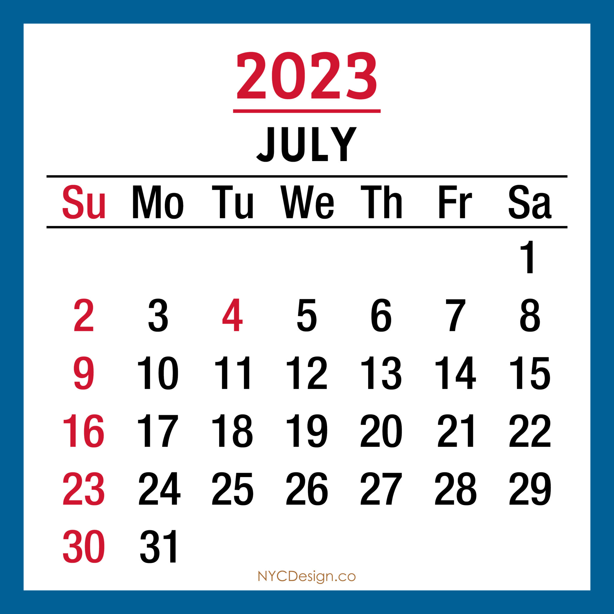 2023 Monthly Calendar with US Holidays, Printable Free – Blue ...