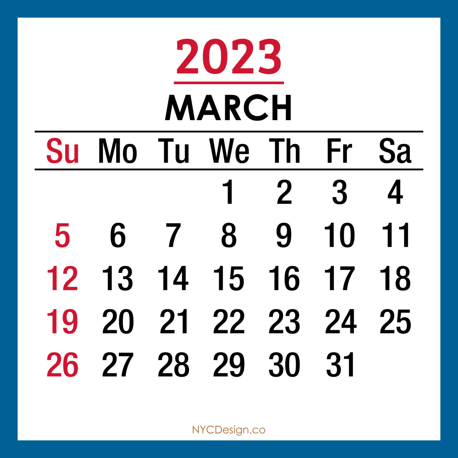 2023 Monthly Calendar with US Holidays, Printable Free – Blue ...