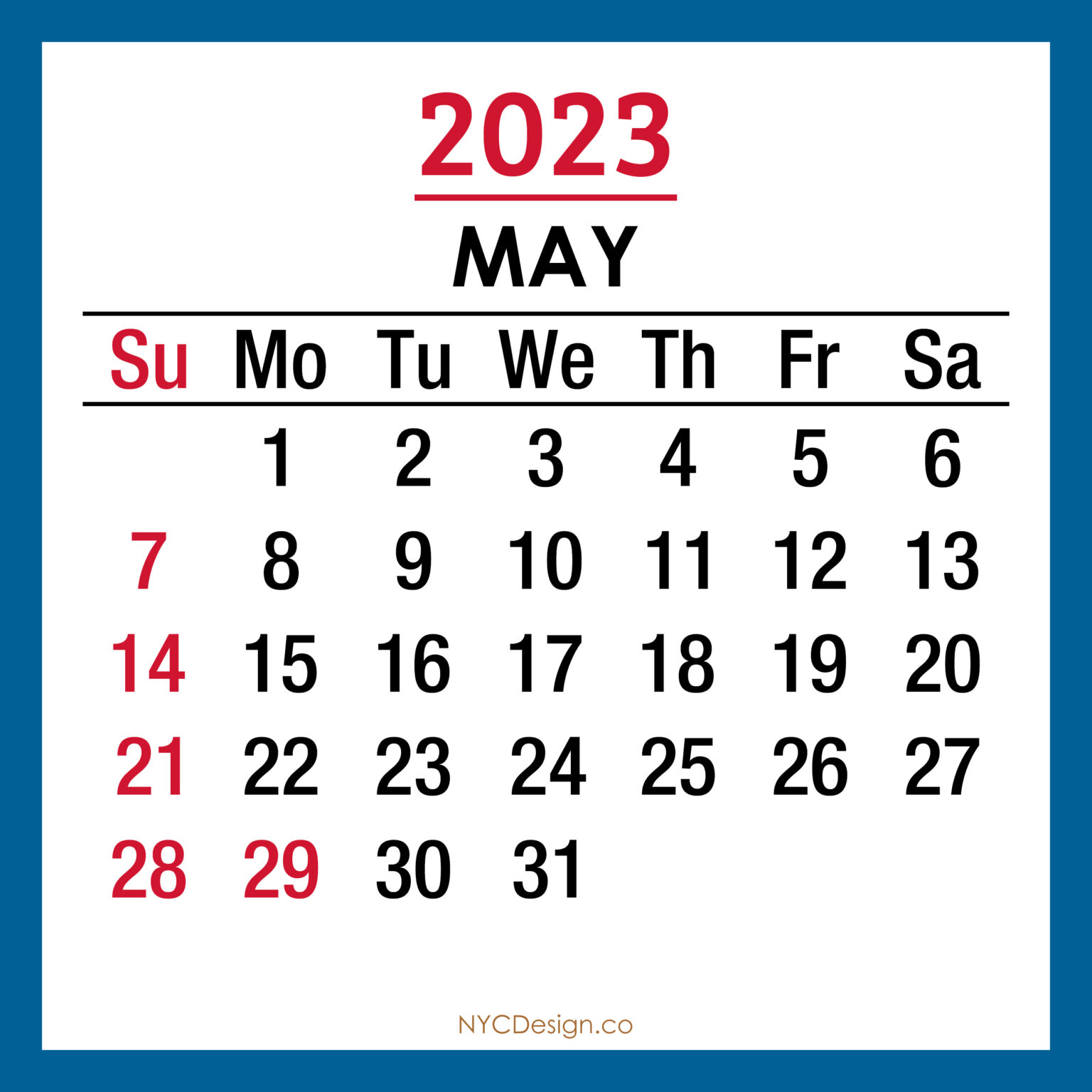 2023 Monthly Calendar with US Holidays, Printable Free – Blue ...