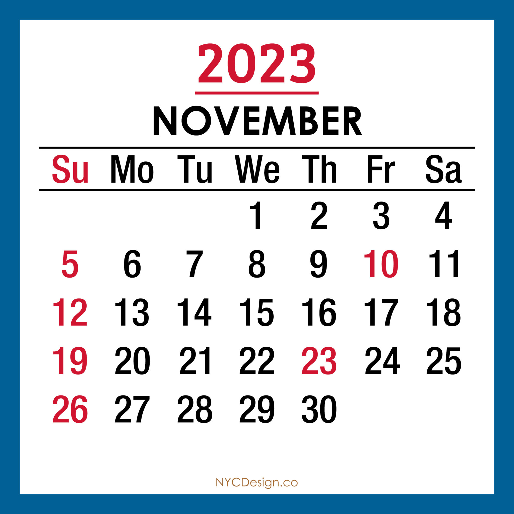 2023 Monthly Calendar with US Holidays, Printable Free – Blue ...